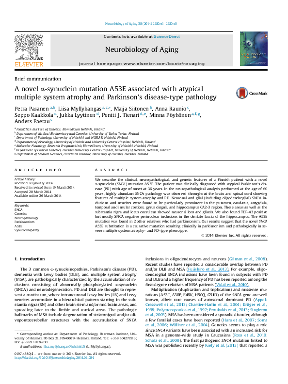 Pdf Novel α Synuclein Mutation A53e Associated With Atypical Multiple System Atrophy And