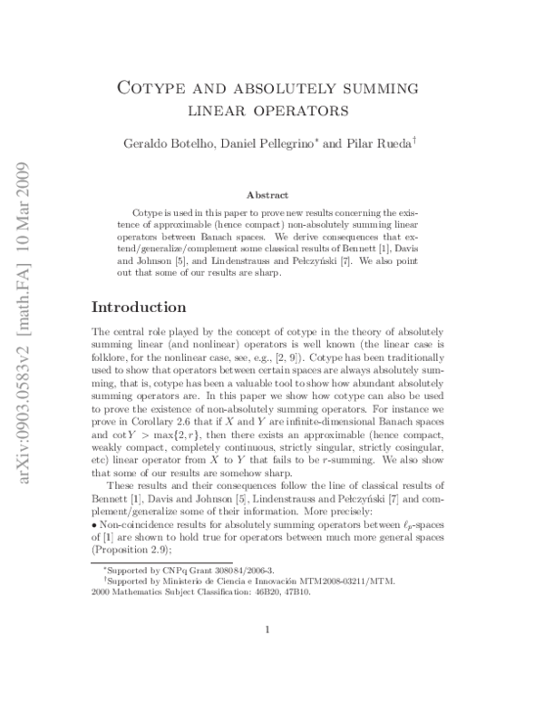 (PDF) Cotype and absolutely summing linear operators