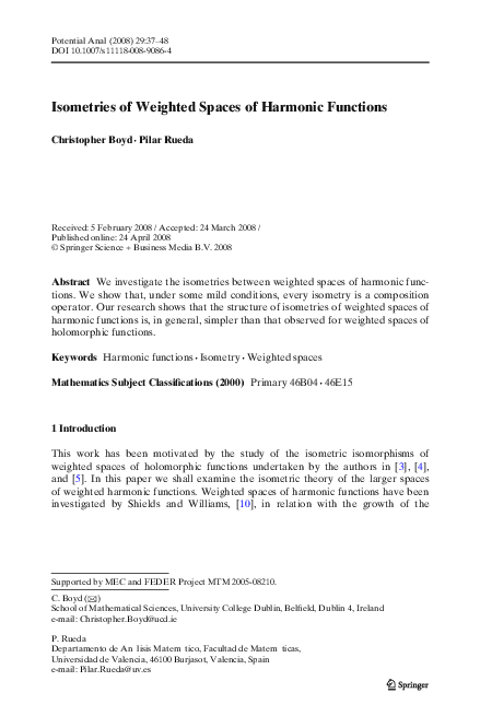 (PDF) Isometries of Weighted Spaces of Harmonic Functions