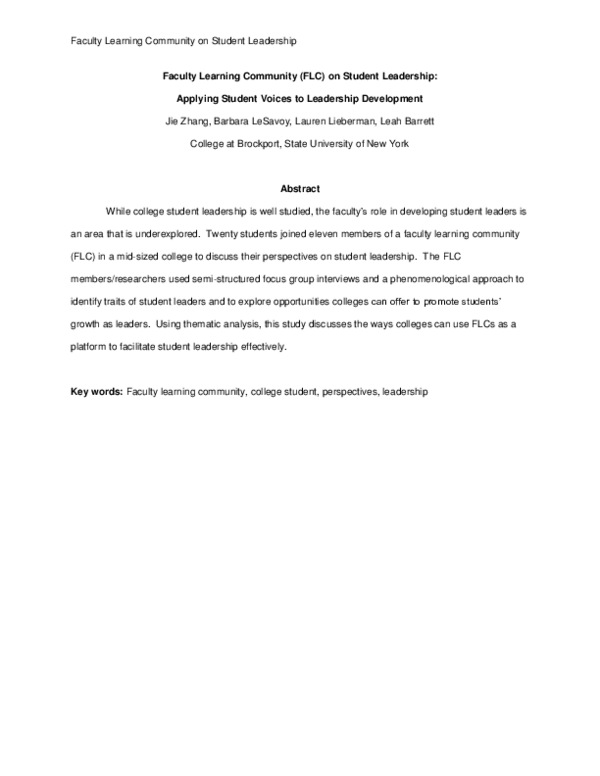 (PDF) Faculty Learning Community (FLC) on Student Leadership: Applying Student Voices to ...