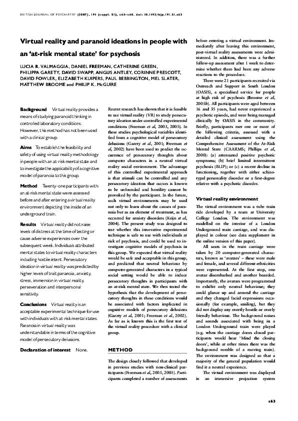 (PDF) Virtual Reality and Paranoid Ideations In People With An'at-Risk ...