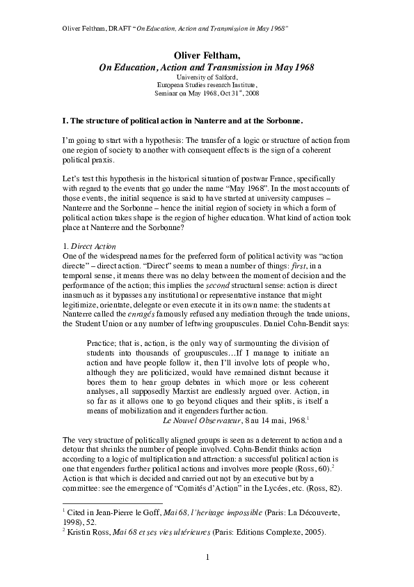 (PDF) On Education Action and Transmission in May 1968 Oct 2008 Manchester
