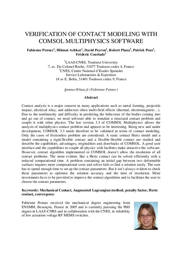 (PDF) Verification of contact modeling with COMSOL multiphysics software