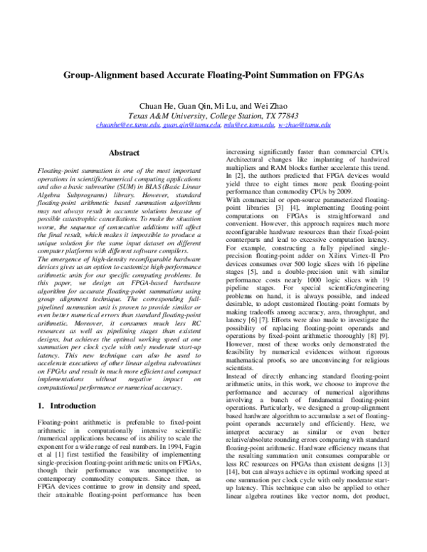 (PDF) Group-Alignment based Accurate Floating-Point Summation on FPGAs