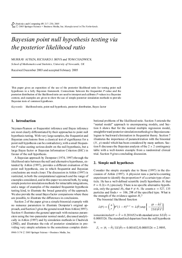 Pdf Bayesian Point Null Hypothesis Testing Via The Posterior Likelihood Ratio
