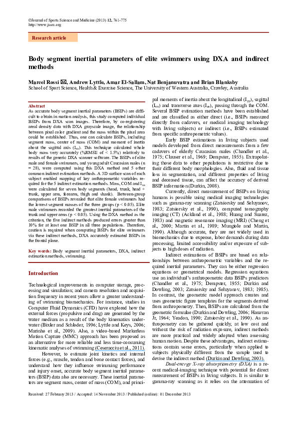 Pdf Body Segment Inertial Parameters Of Elite Swimmers Using Dxa And