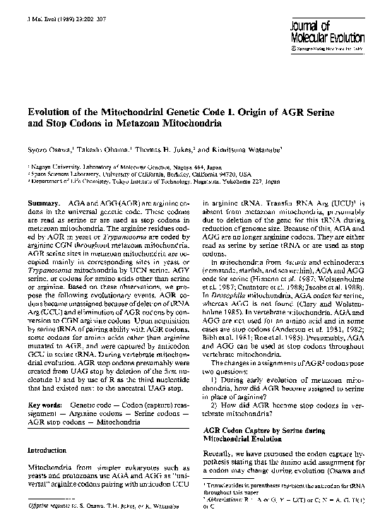 (PDF) AGR Codons: Evolution in Metazoan Mitochondria
