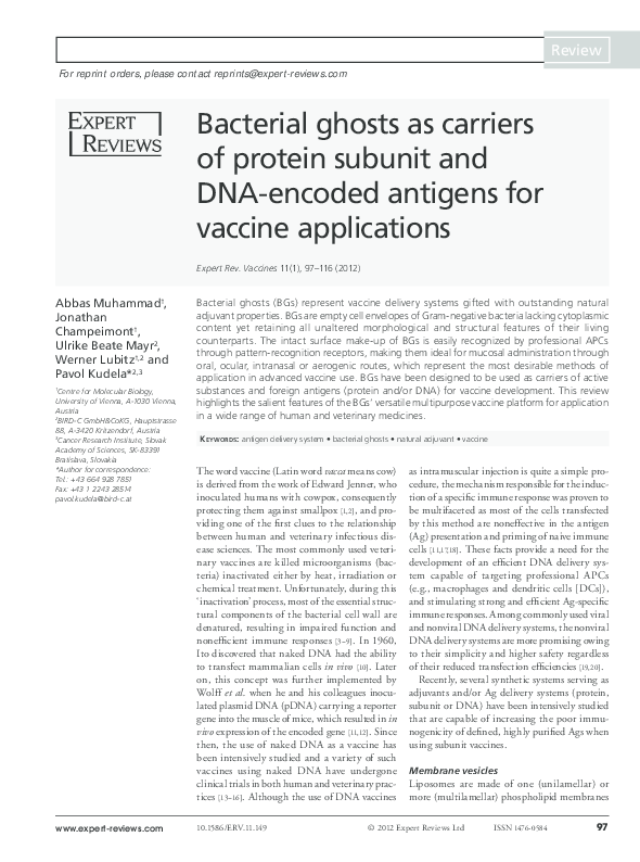 (PDF) Bacterial ghosts as carriers of protein subunit and DNA-encoded ...