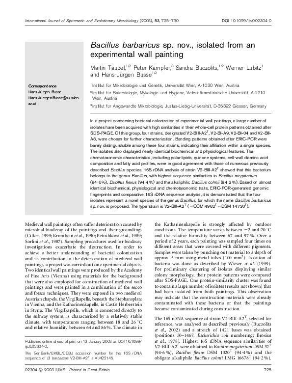 (PDF) Bacillus barbaricus sp. nov., isolated from an experimental wall ...