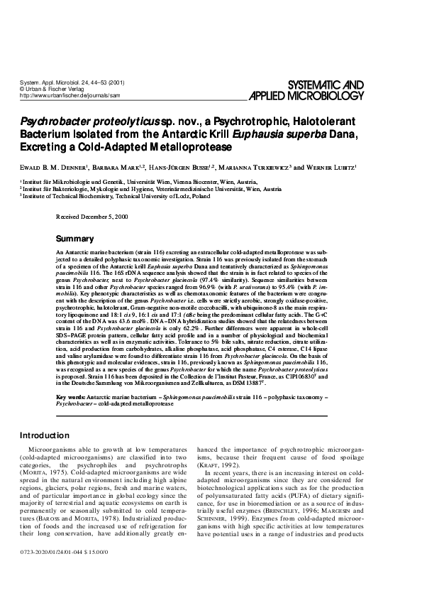 (PDF) Psychrobacter proteolyticus sp. nov., a Psychrotrophic ...