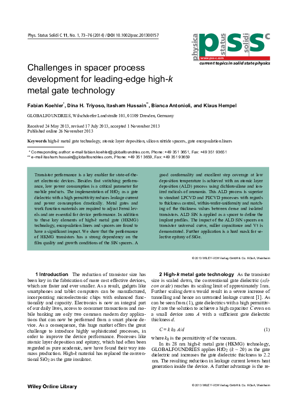 (PDF) Challenges in spacer process development for leading-edge high-k ...