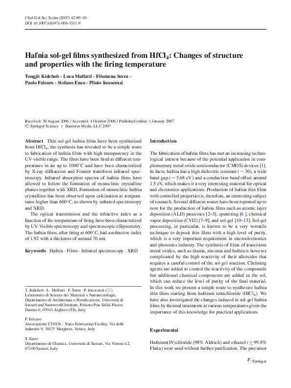 (PDF) Hafnia sol-gel films synthesized from HfCl4: Changes of structure ...