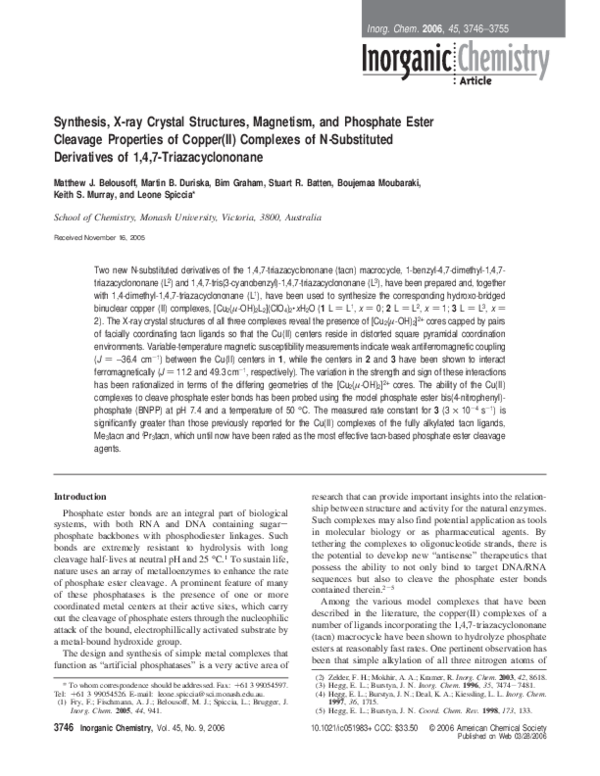 (PDF) Synthesis, X-ray Crystal Structures, Magnetism, and Phosphate Ester Cleavage Properties of ...