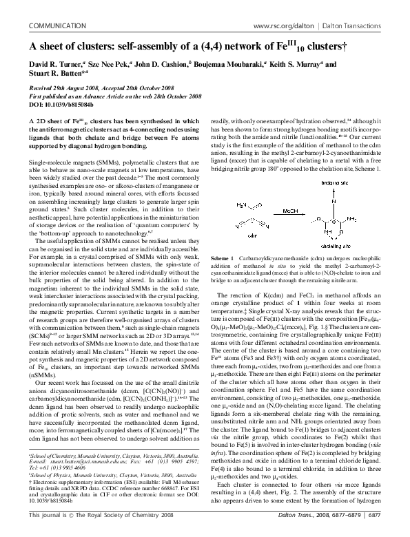 (PDF) A sheet of clusters: self-assembly of a (4,4) network of FeIII10 ...