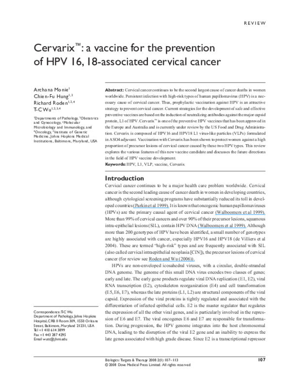 (PDF) Cervarix: a vaccine for the prevention of HPV 16, 18-associated ...