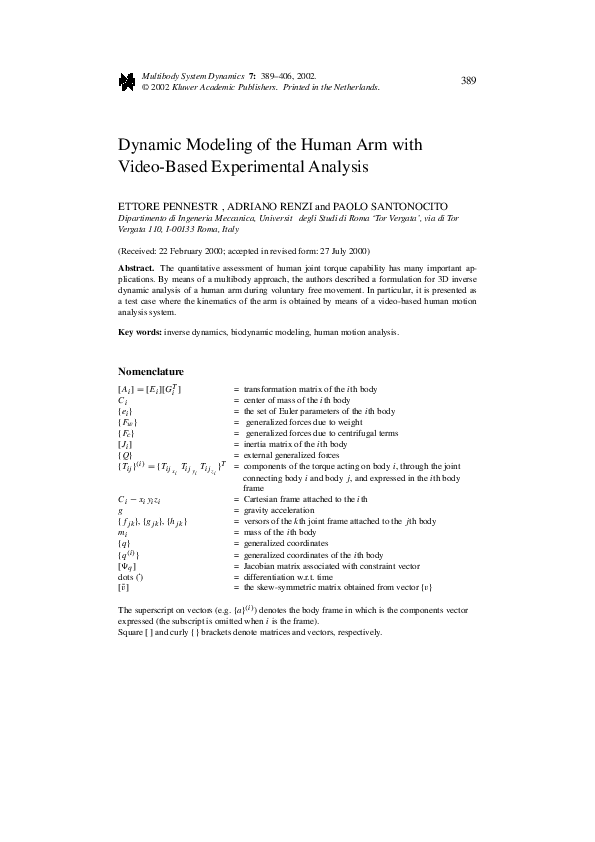 (PDF) Dynamic modeling of the human arm with video-based experimental ...