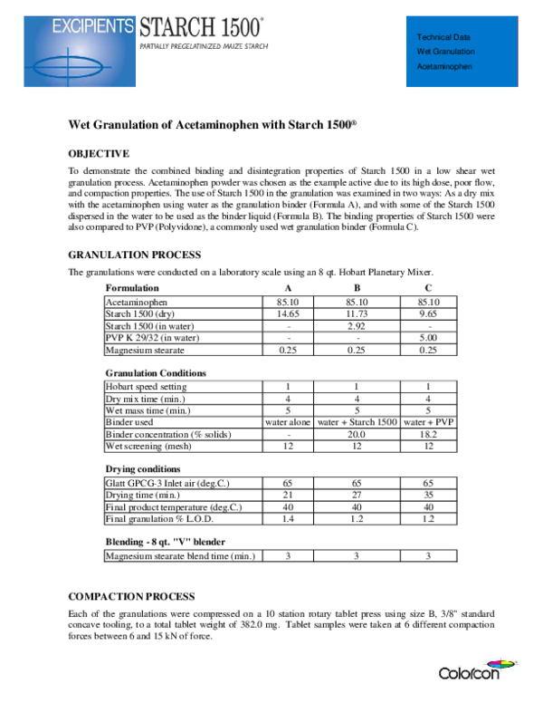 Wet Granulation of Acetaminophen with Starch 1500