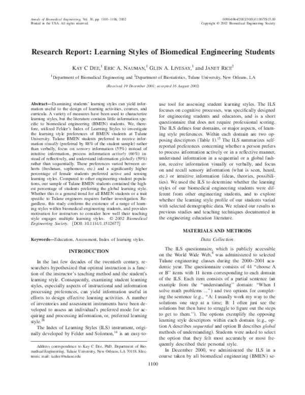 (PDF) Research Report: Learning Styles of Biomedical Engineering Students