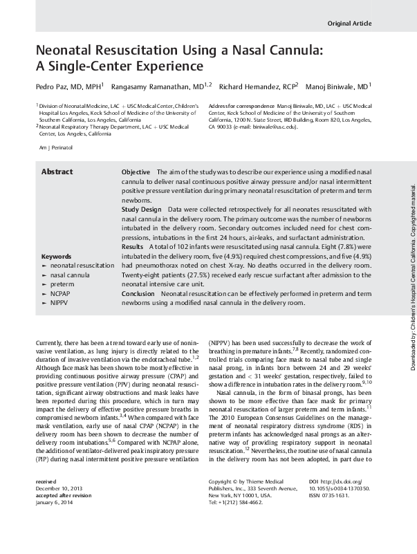 (PDF) Neonatal Resuscitation Using a Nasal Cannula: A Single-Center ...