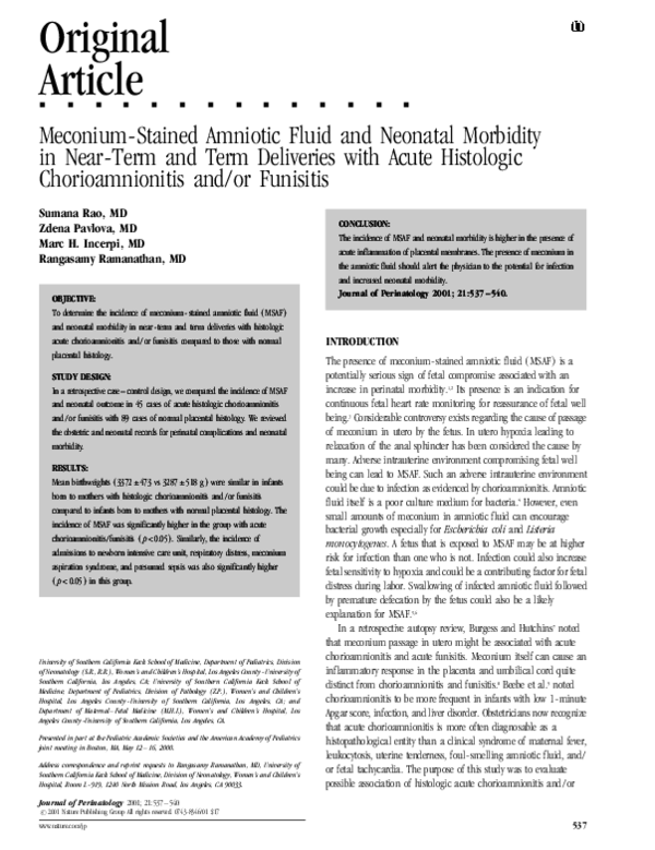 (PDF) Meconium-Stained Amniotic Fluid and Neonatal Morbidity in Near ...