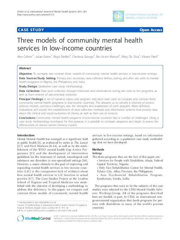 (PDF) Three models of community mental health services In low-income ...