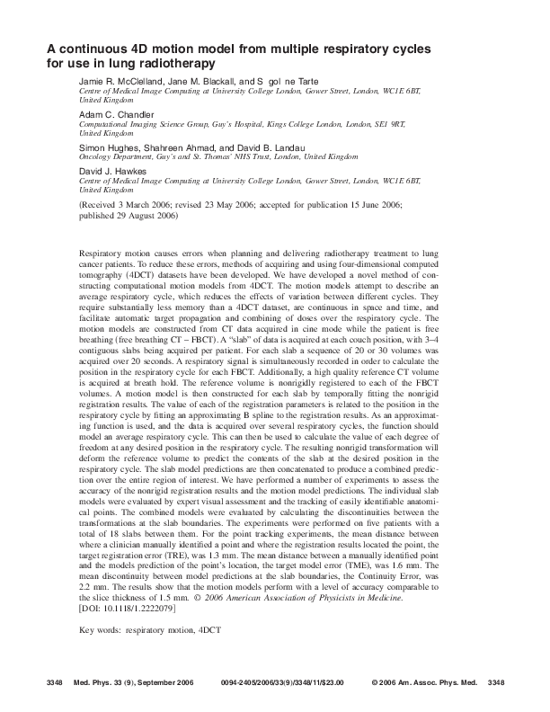 (PDF) A continuous 4D motion model from multiple respiratory cycles for use in lung radiotherapy ...