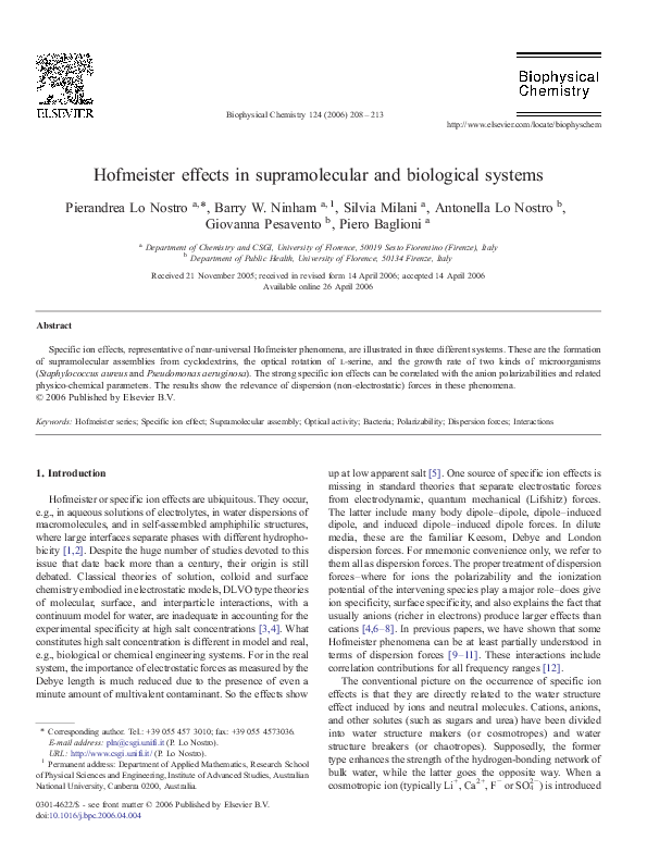 (PDF) Hofmeister effects in supramolecular and biological systems