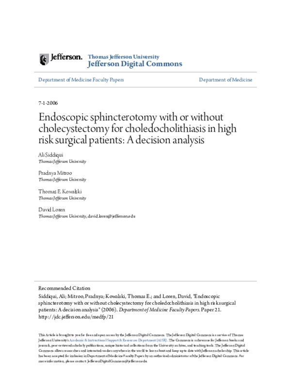 Pdf Endoscopic Sphincterotomy With Or Without Cholecystectomy For