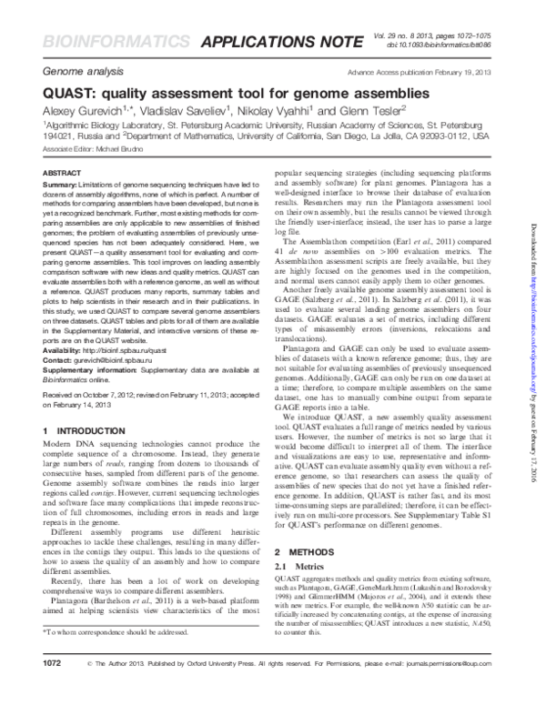 (PDF) QUAST: quality assessment tool for genome assemblies