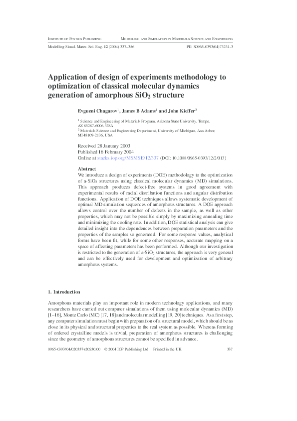 Pdf Application Of Design Of Experiments Methodology To Optimization Of Classical Molecular