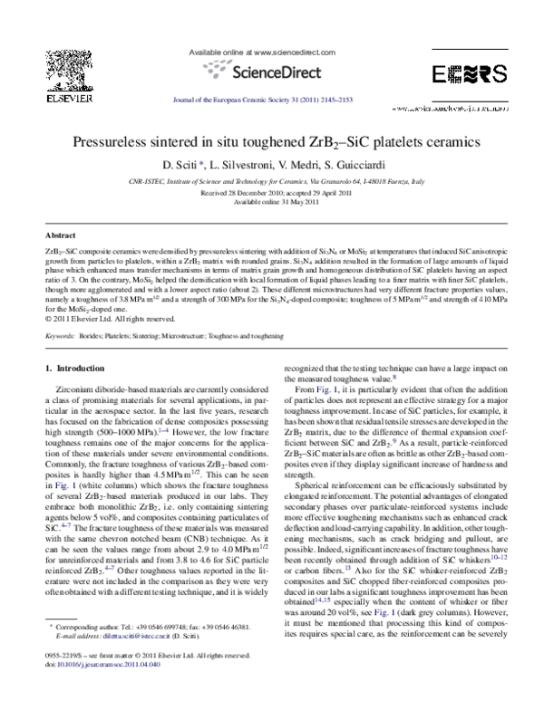 (PDF) Pressureless sintered in situ toughened ZrB2–SiC platelets ceramics | Laura Silvestroni ...
