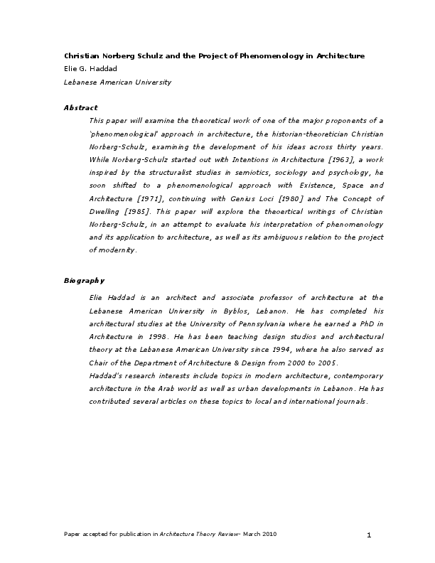 (PDF) Christian Norberg-Schulz's Phenomenological Project In Architecture