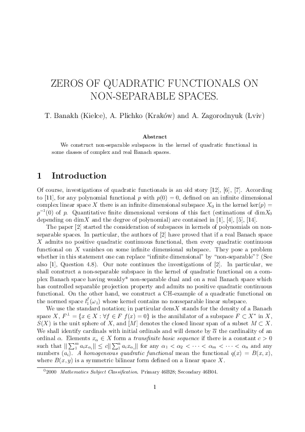 Pdf Zeros Of Quadratic Functionals On Non Separable Spaces
