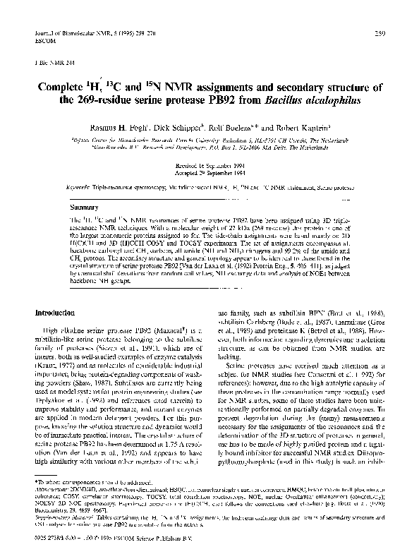 (PDF) Complete 1H, 13C and 15N NMR assignments and secondary structure of the 269-residue serine ...