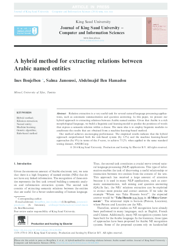 (PDF) A hybrid method for extracting relations between Arabic named ... (PDF) A hybrid method for extracting relations between Arabic named ...