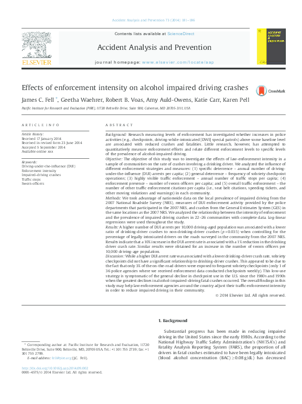 (PDF) Effects of enforcement intensity on alcohol impaired driving crashes