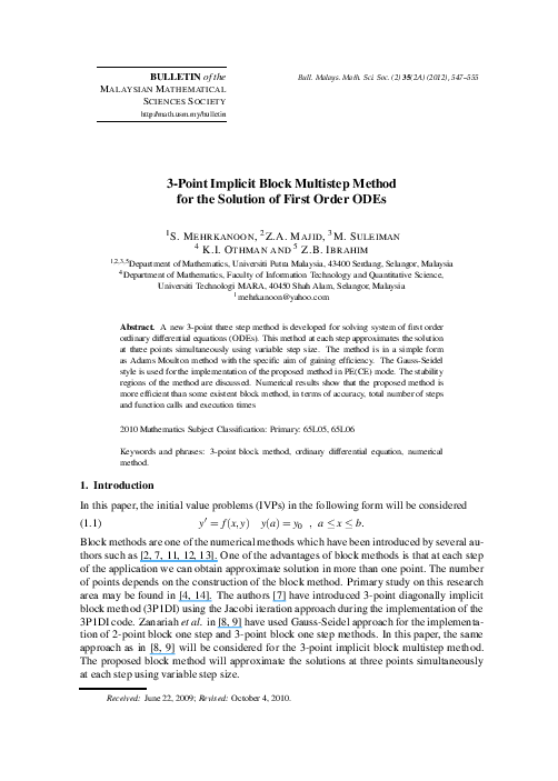 Pdf 3 Point Implicit Block Multistep Method For The Solution Of First Order Odes Siamak