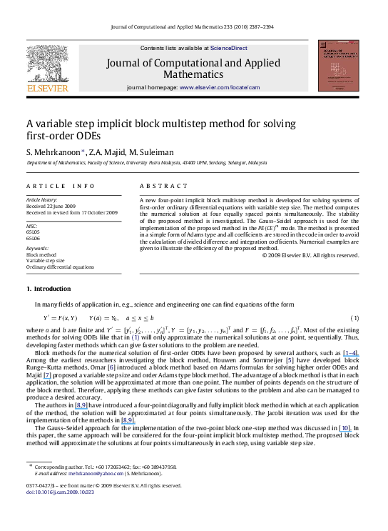 Pdf A Variable Step Implicit Block Multistep Method For Solving First Order Odes Zanariah