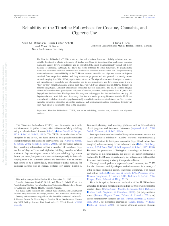 (PDF) Reliability of the Timeline Followback for cocaine, cannabis, and ...