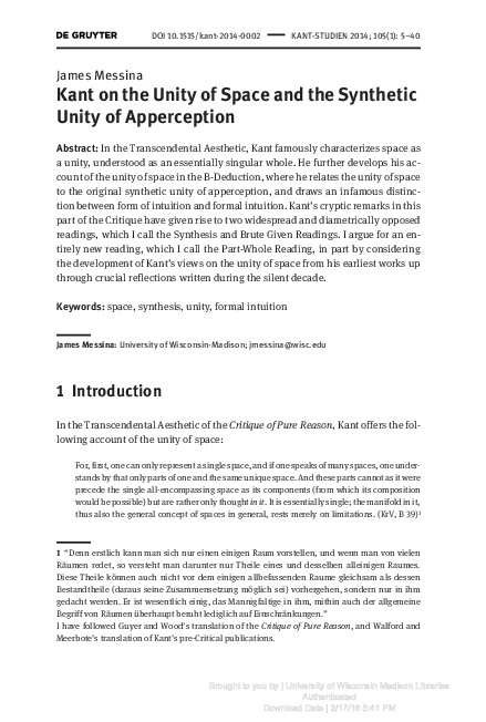 (PDF) Kant on the Unity of Space and the Synthetic Unity of Apperception
