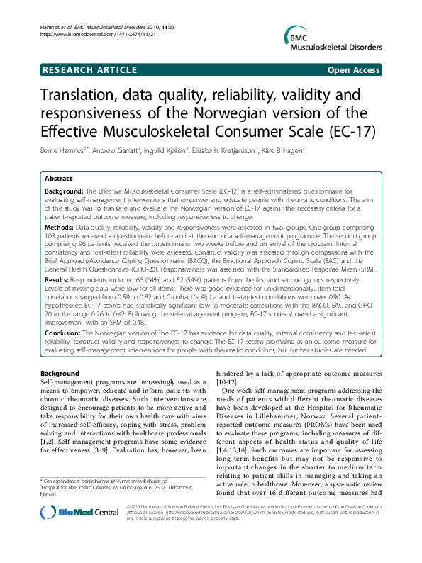 (PDF) Norwegian EC-17 Scale: Translation and Validation