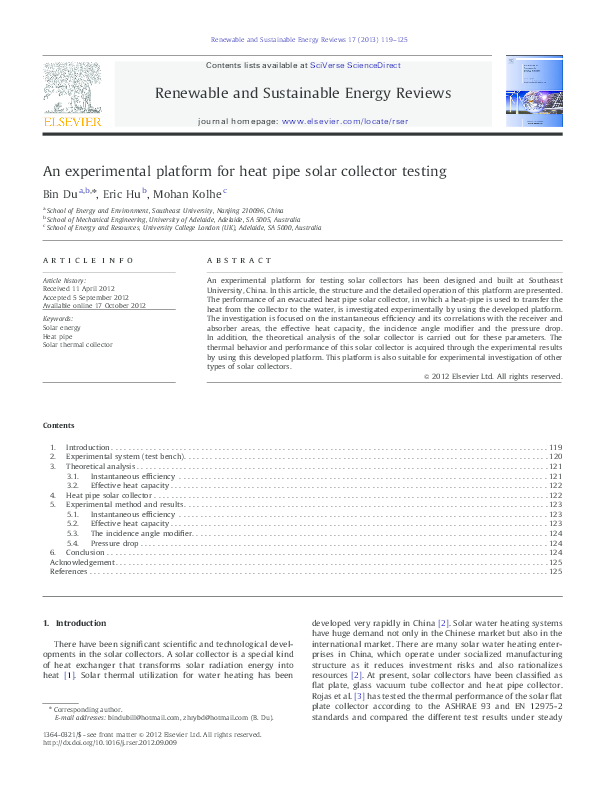 (PDF) An experimental platform for heat pipe solar collector testing