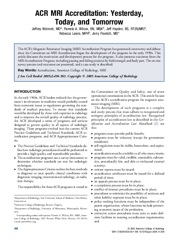 (PDF) ACR MRI Accreditation: Yesterday, Today, and Tomorrow
