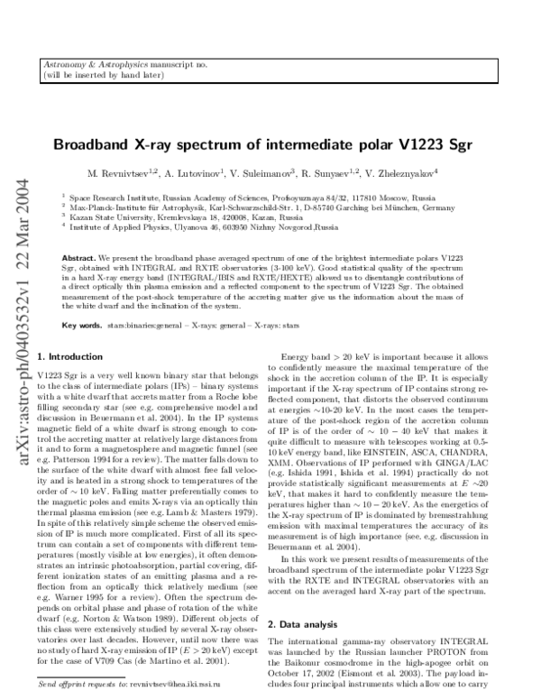 (PDF) Broadband X-ray spectrum of intermediate polar V1223 Sgr