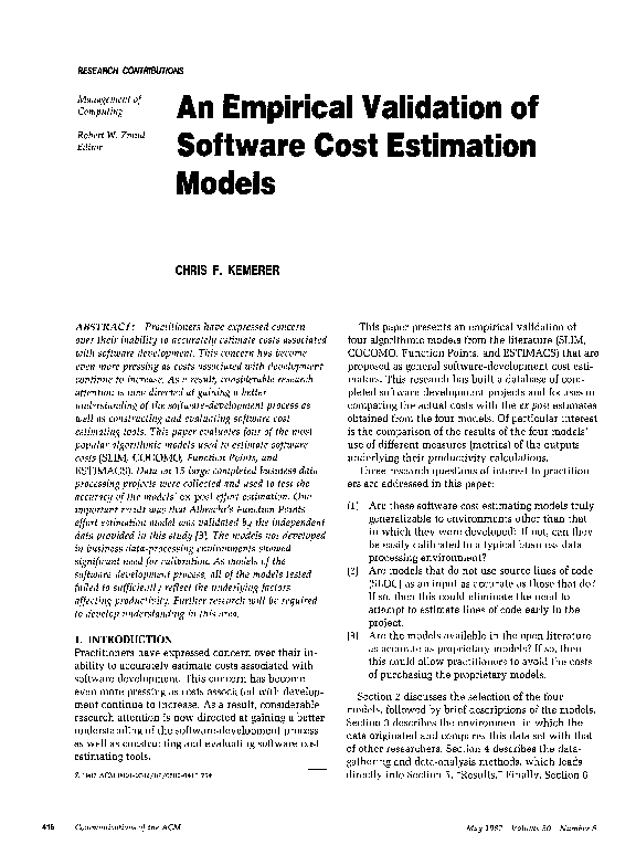 Pdf An Empirical Validation Of Software Cost Estimation Models