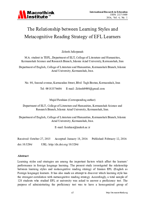 Pdf The Relationship Between Learning Styles And Metacognitive Reading Strategy Of Efl Learners