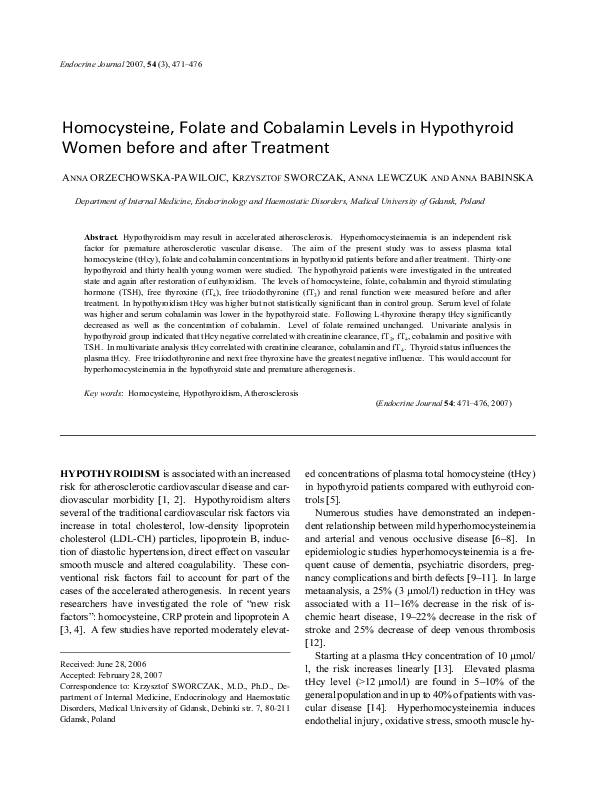 (PDF) Homocysteine, Folate and Cobalamin Levels in Hypothyroid Women ...