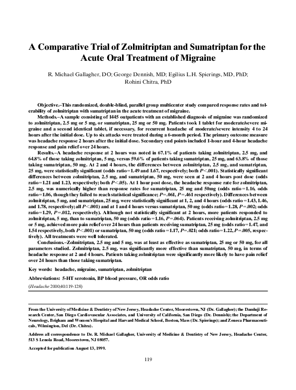 Pdf A Comparative Trial Of Zolmitriptan And Sumatriptan For The Acute Oral Treatment Of Migraine