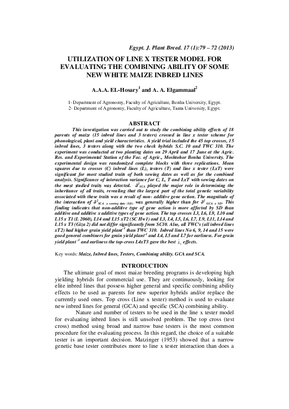 (PDF) Utilization of Line X Tester Model for Evaluating the Combining ...