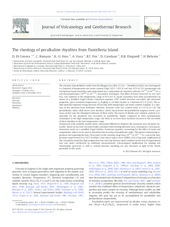 (PDF) The rheology of peralkaline rhyolites from Pantelleria Island